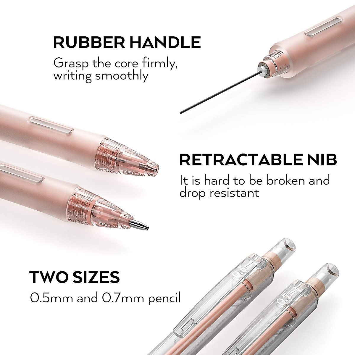 Nicpro 6 PCS Pastel Mechanical Pencil 0.5 & 0.7 mm with Case for School, with 12 tubes HB Lead Refills, 3 Erasers, 9 Eraser Refills For Student Writing, Drawing, Sketching, Blue & Pink & White Colors