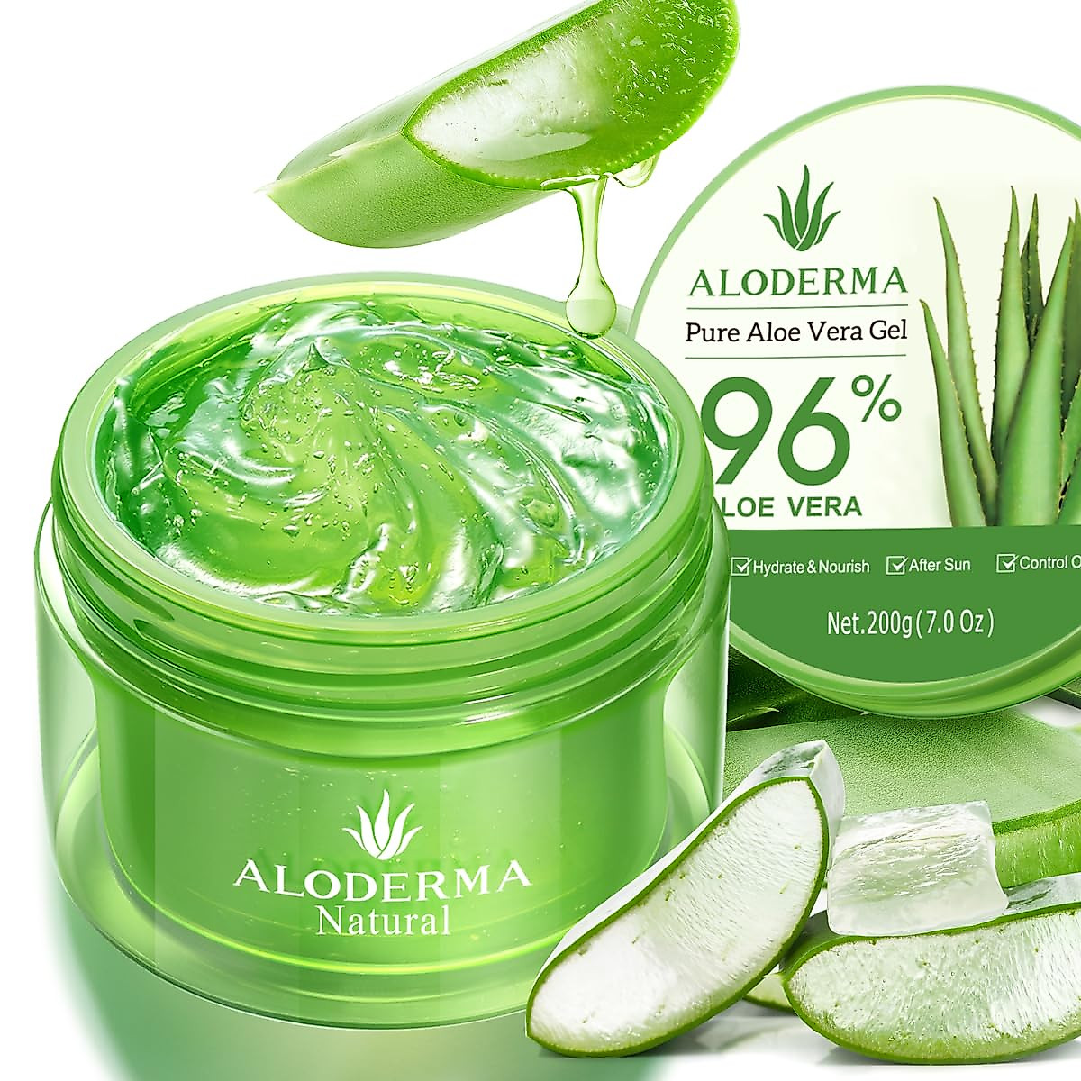Aloderma Organic Aloe Vera Gel for Face & Body, 96% Pure Aloe Gel Made within 12 Hours of Harvest, Ideal for Skin, Scalp, & Hair Hydration, Calming Moisturizer for Soothing After Sun Care Relief, 7oz