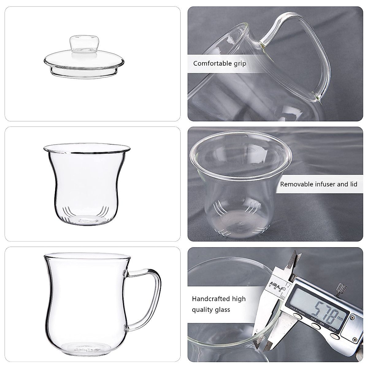 CNGLASS Glass Tea Cup with Removable Infuser and Lid,10oz Thickened Glass Tea Mug,Clear Filtrating Tea Maker for Loose Leaf Tea,Teabags