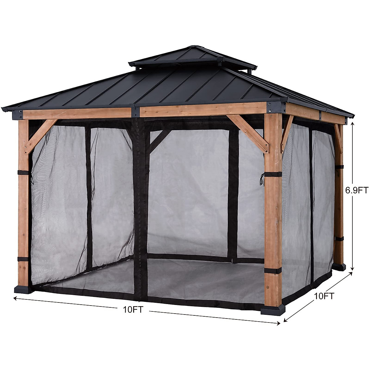 ABCCANOPY Wood Gazebo 11x11 - Outdoor Patio Wooden Gazebo with Hardtop Metal Double Roof with Mosquito Netting for Garden, Backyard and Deck