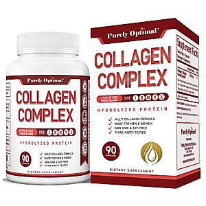 Purely Optimal Premium Multi Collagen Peptides Capsules (Types I, II, III, V, X) - Hair, Skin and Nails, Digestive & Joint Health Supplement, Hydrolyzed Collagen Pills (90 Capsules)