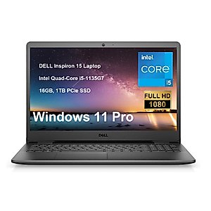 DELL 2023 Inspiron 15 Business Laptop, 15.6" 1920x1080 FHD Display, Intel Quad-Core i5-1135G7 2.4 GHz, 16GB DDR4, 1TB PCIe SSD, Windows 11 Pro,Webcam, SD Card Reader, WiFi,Bluetooth, Carbon Black