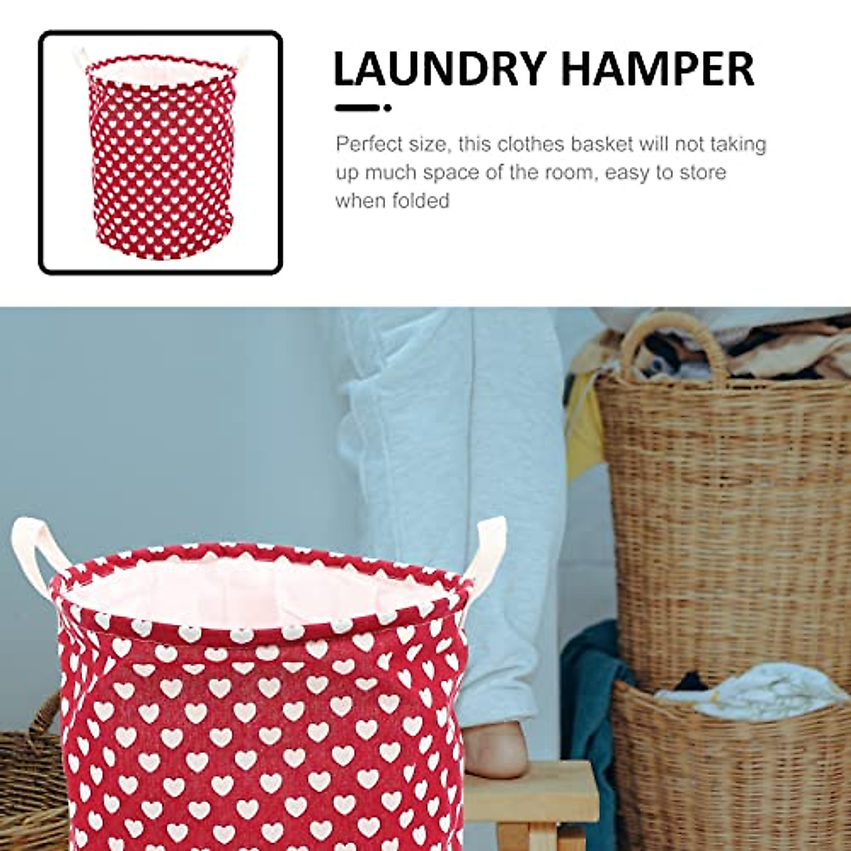 Zerodeko Drawstring Laundry Hamper Dirty Clothes Basket Collapsible Clothes Hamper Folding Clothes Container Storage Bin with Handle for Home Bedroom Organization Red