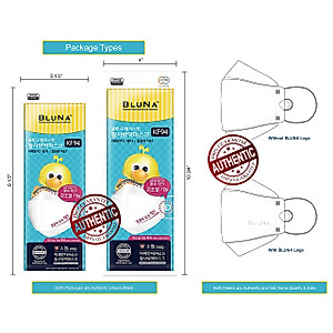 [10 Pack] :: Authentic :: BLUNA [Kids/Small] KF94 Facefit Ergonomic 3D Adjustable Strap Korean Face Mask, White [Made in Korea][Individual Package] for Small Kids Children