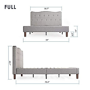 Mellow Janne Upholstered Platform Bed Modern Tufted Headboard Real Wooden Slats and Legs, Full, Classic Grey
