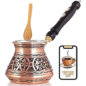 Erbulus Turkish Coffee Pot - Briki Greek, Arabic, Fortune Edition Turkish Coffee Maker with Wooden Handle (18 OZ)