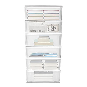 6 Tier Stackable Storage Drawer Rolling Storage Cart Plastic Drawer Organizer Foldable File Storage Cabinet for Office, Dorm, Desk, Countertop, Living Room (White+Clear)