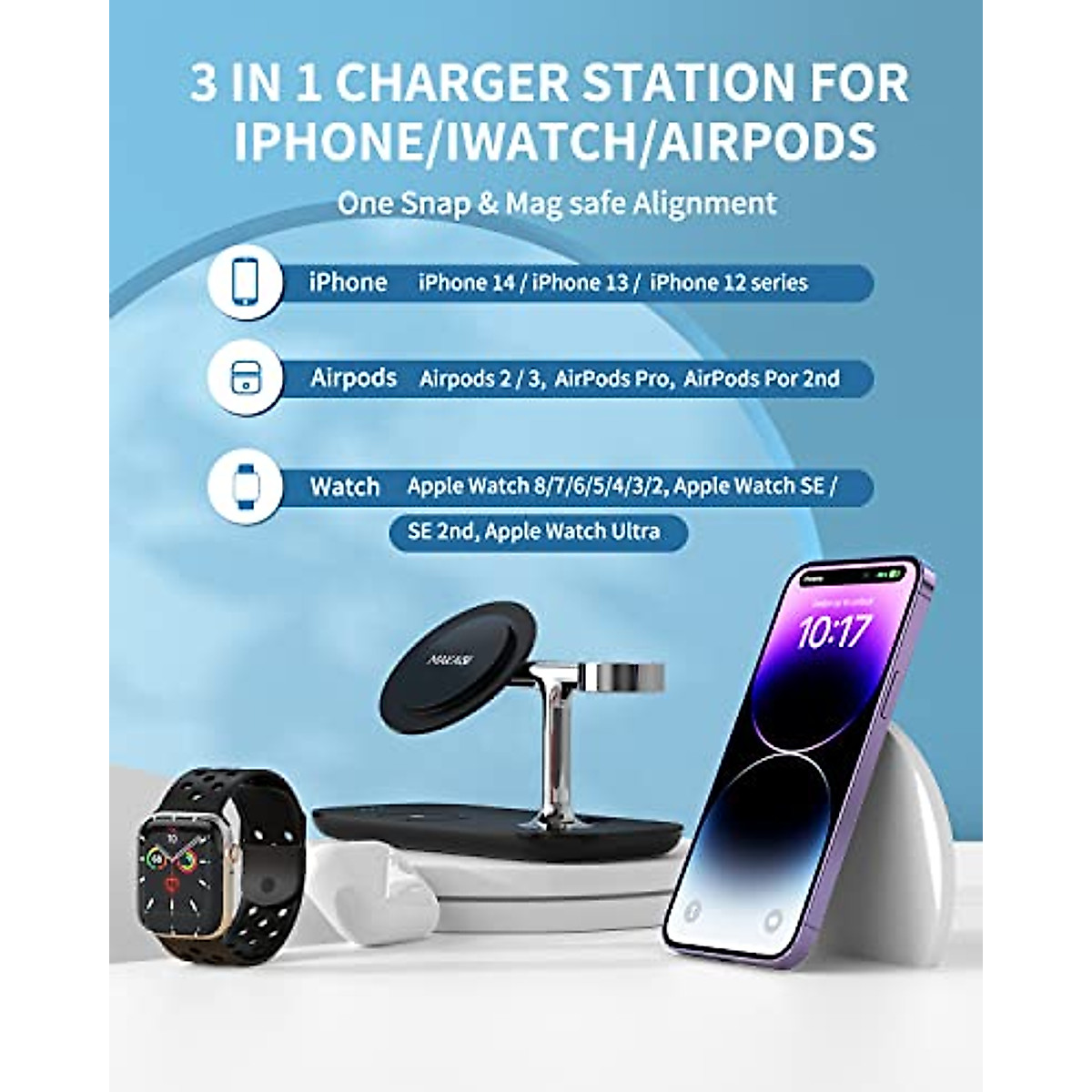 MAKAQI 3 in 1 Mag-Safe Charging Station, Wireless Charger Stand Compatible with Magsafe Charger iPhone 14/13/12, Fast Charging Stand for AirPods Pro 2nd/3/2, Apple Watch Ultra SE 2nd/8/7