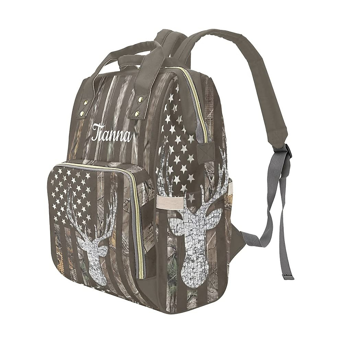 American Flag Deer Camo Brown Diaper Bags with Name Waterproof Mummy Backpack Nappy Nursing Baby Bags Gifts Tote Bag for Women