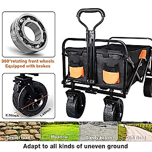 Folding Wagon Cart Heavy Duty Garden Carts, 330 Lbs Large Capacity Foldable Outdoor Camping Beach for Sand Grocery Utility Buggy Cart, Big Wheels & Adjustable Rolling Wagon Travel Shopping Use, Black
