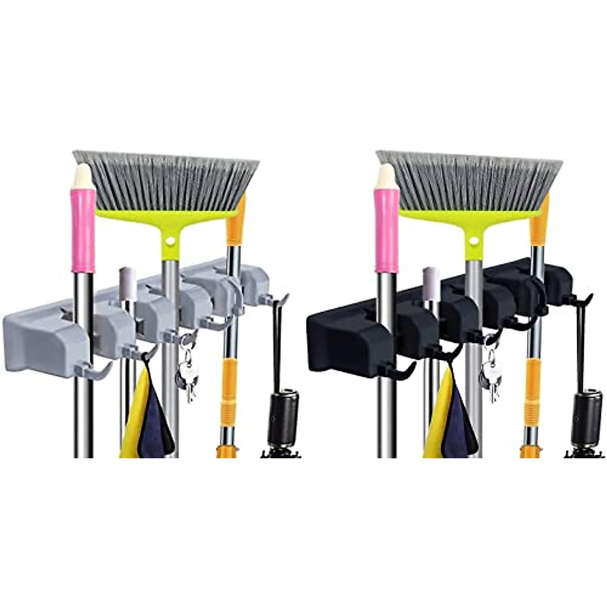 CINEYO Pack of 02 - Black & Gray Mop and Broom Holder Wall Mount - Heavy Duty Broom Holder Wall Mounted or Tool Organizer For Home Garden Garage And Storage (5 Positions with 6 Hooks)