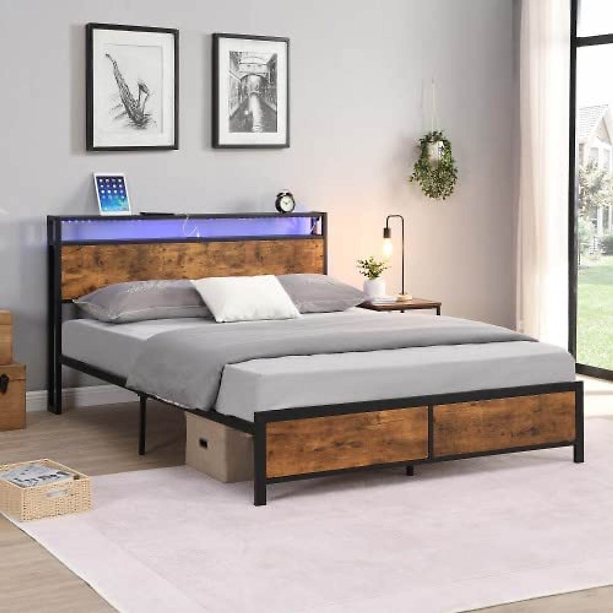 anwickjeff Modern Industrial Queen Bed Frame with LED Lights, Storage Headboard and USB Ports, Queen Size, 800lbs Capacity, Rustic Brown