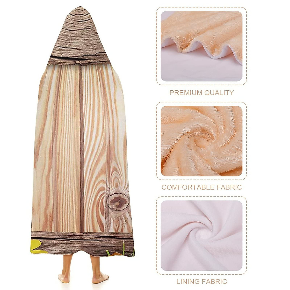 Warm Blanket, Wooden Wearable Hooded Blanket for Adults, Fence Garden Yard Summer Spring Daisy Flowers, Soft Warm Cozy, 60 x 80inches, Studying Reading Snuggling Napping Office, Brown Green Yellow