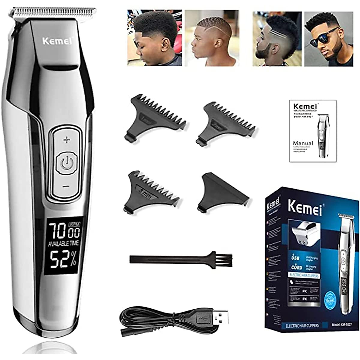 KEMEI Mens Clipper Cordless Barber Professional Hair Clipper LCD Display 0mm Baldheaded Beard Cutter Electric Haircut Machine USB Rechargeable