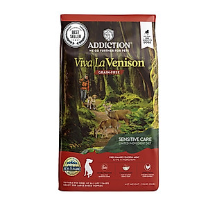 Addiction Viva La Venison Premium Grain-Free Dry Dog Food - Single Protein & Novel Meat with Probiotics - No Chicken, Beef, or Turkey - Ideal for All Dogs & Puppies 20lb