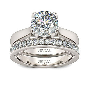 Jeulia Bridal Set for Women 2.5 Carat Engraved Round Cut Sterling Silver Solitaire Engagement Rings CZ Wedding Band Cubic Zirconia Promise Anniversary Rings with Jewelry Gift Box (O)
