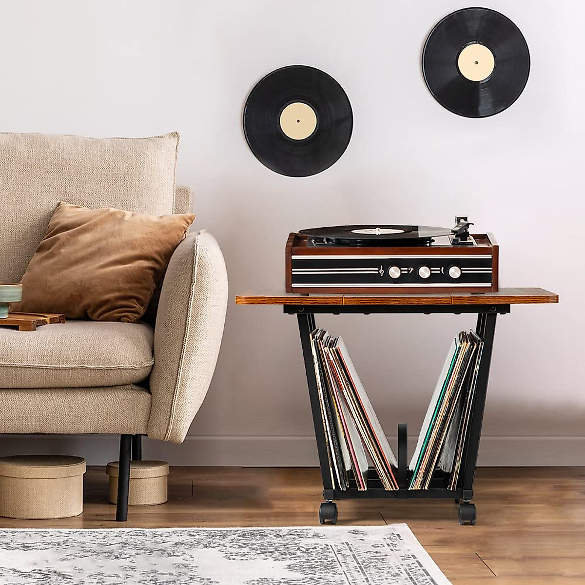 Hadulcet Record Player Stand Vinyl Records Holder, Turntable Stand and LP Album Storage Rack with wheels and dividers, Rustic Brown