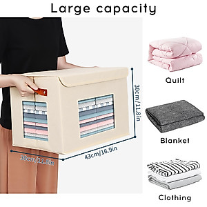 Storage Bins for Clothes, 40L Large Collapsible Stackable Closet Organizer Containers, Storage Boxes with Lids,Storage Cube Basket, Clear Windows & PU Leather Handles, Pack of 3,17x12x12 Inch
