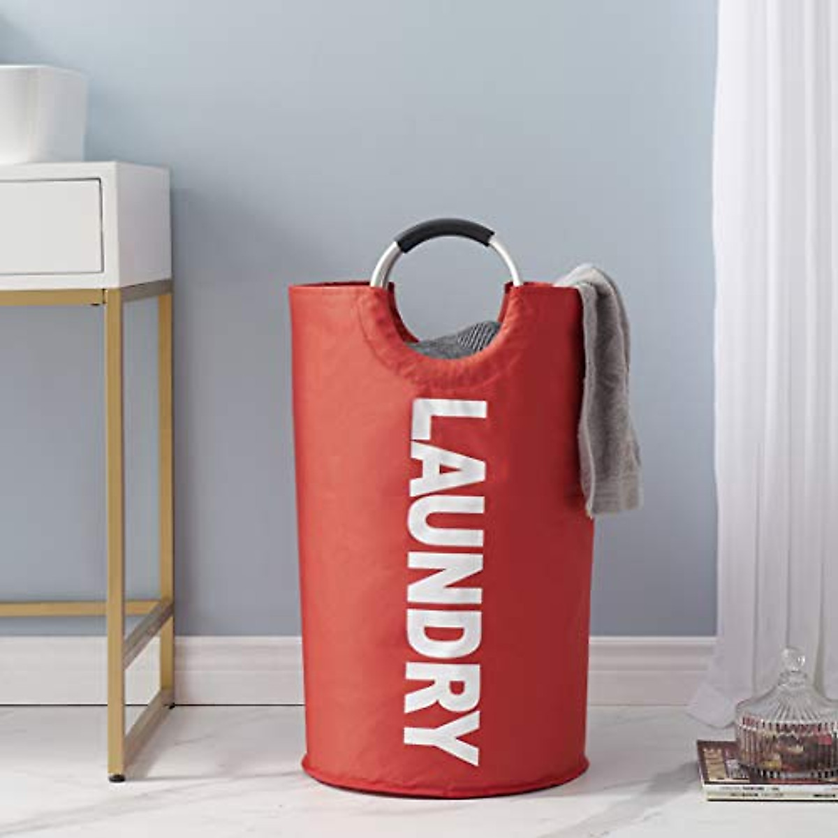 HOMEAMY 82L Large Thicken Laundry Basket Collapsible Fabric Laundry Hamper Foldable Heavy Duty Clothes Bag Portable Washing Bin Waterproof Cloth Hampers Storage with Durable Aluminum Handles (Red)