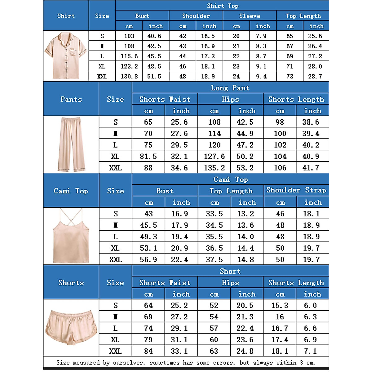 SWOMOG Womens 4pcs Pajamas Sets Silk Satin Pjs Silky Sexy Cami Shorts Set Button Down Short Sleeve Sleepwear Loungewear, Champagne Medium