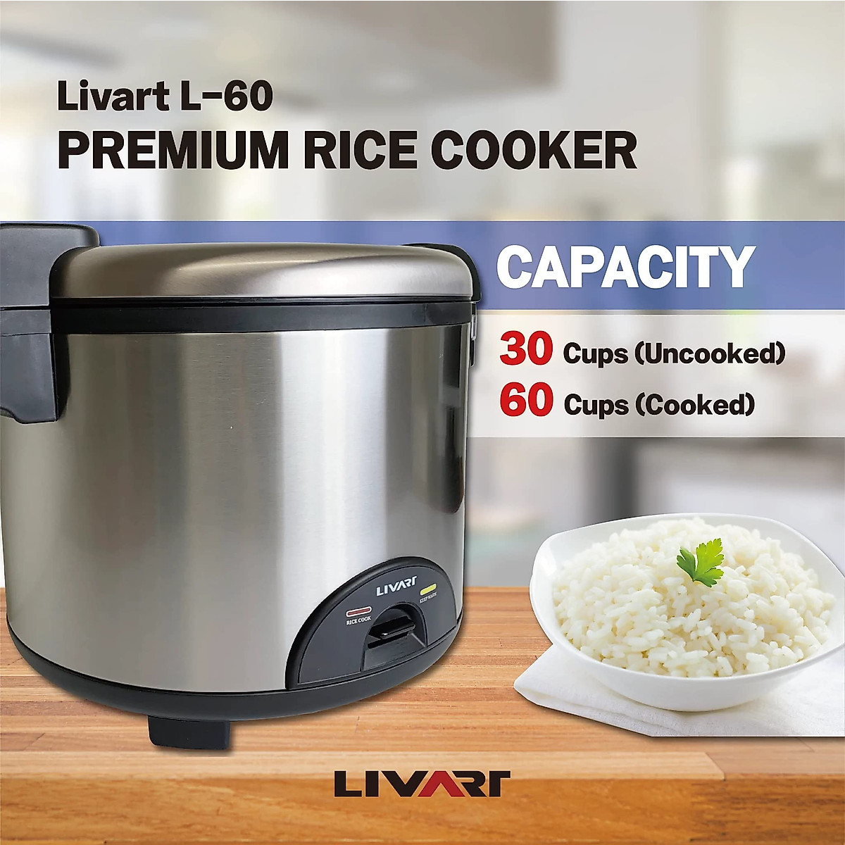Commercial Rice Cooker, Warmer, 60 Cup Cooked / 30 Cup Uncooked, LIVART [L-60] [DURABLE & SPACIOUS] Strongly Built and Quality Bulk Rice Cooking for Restaurants/Catering/Hotels - Stainless Steel