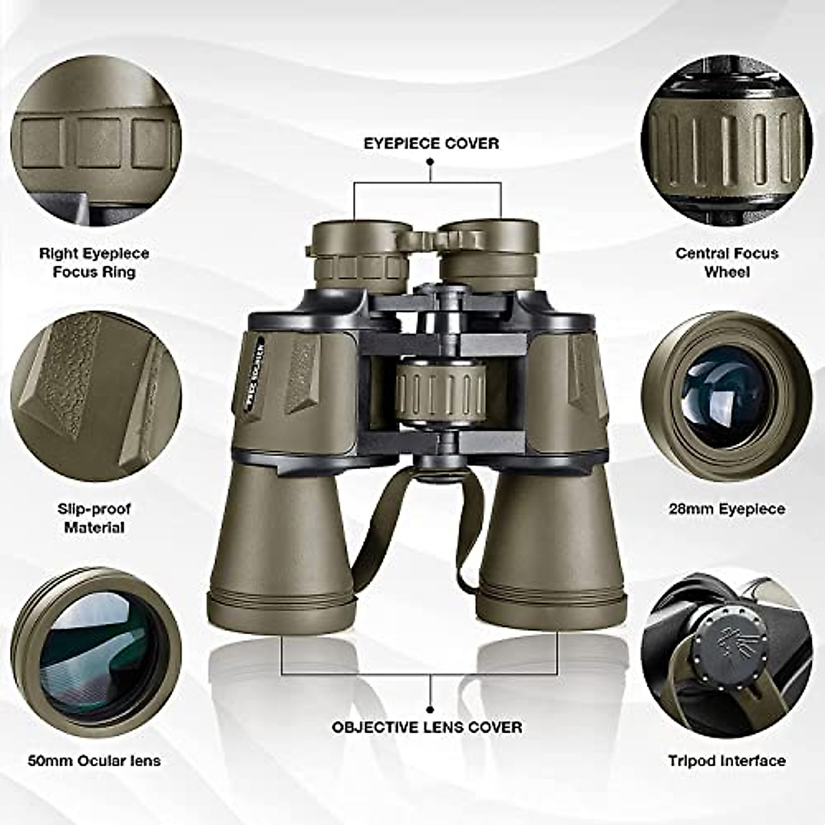 20x50 Military Binoculars for Adults with Smartphone Adapter - Compact Waterproof Tactical Binoculars for Bird Watching Hunting Hiking Concert Travel Theater with BAK4 Prism FMC Lens, Mud