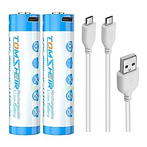 TOMSHEIR 2 Pack 3.7V Rechargeable Batteries with Micro-USB Port Cable 3000mAh Battery for Flashlights, Camera, Headlamps, Doorbells, RC Cars, Sound Equipment
