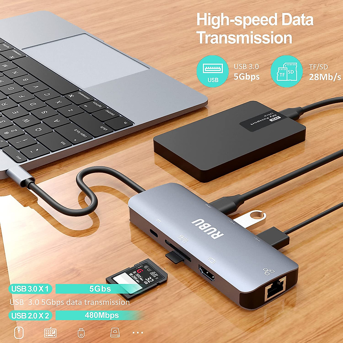 RUBU 8- in-1USB C Hub Multiport Adapter with Ethernet Driverless Compatibility with Mac, Windows, iPhone 15, Chromebook, USB, Thunderbolt, PD Charging, Ethernet, 4K60Hz HDMI, 2X USB, SD/microSD