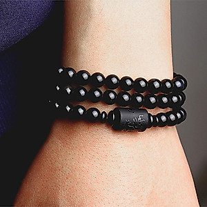 KIOMOY Crystal Obsidian Bracelet Engrave with Dragon or Phoenix totem Cylinder Bead Men or Women Natural Stone Chain Famous Fashion (Dragon long 6MM)