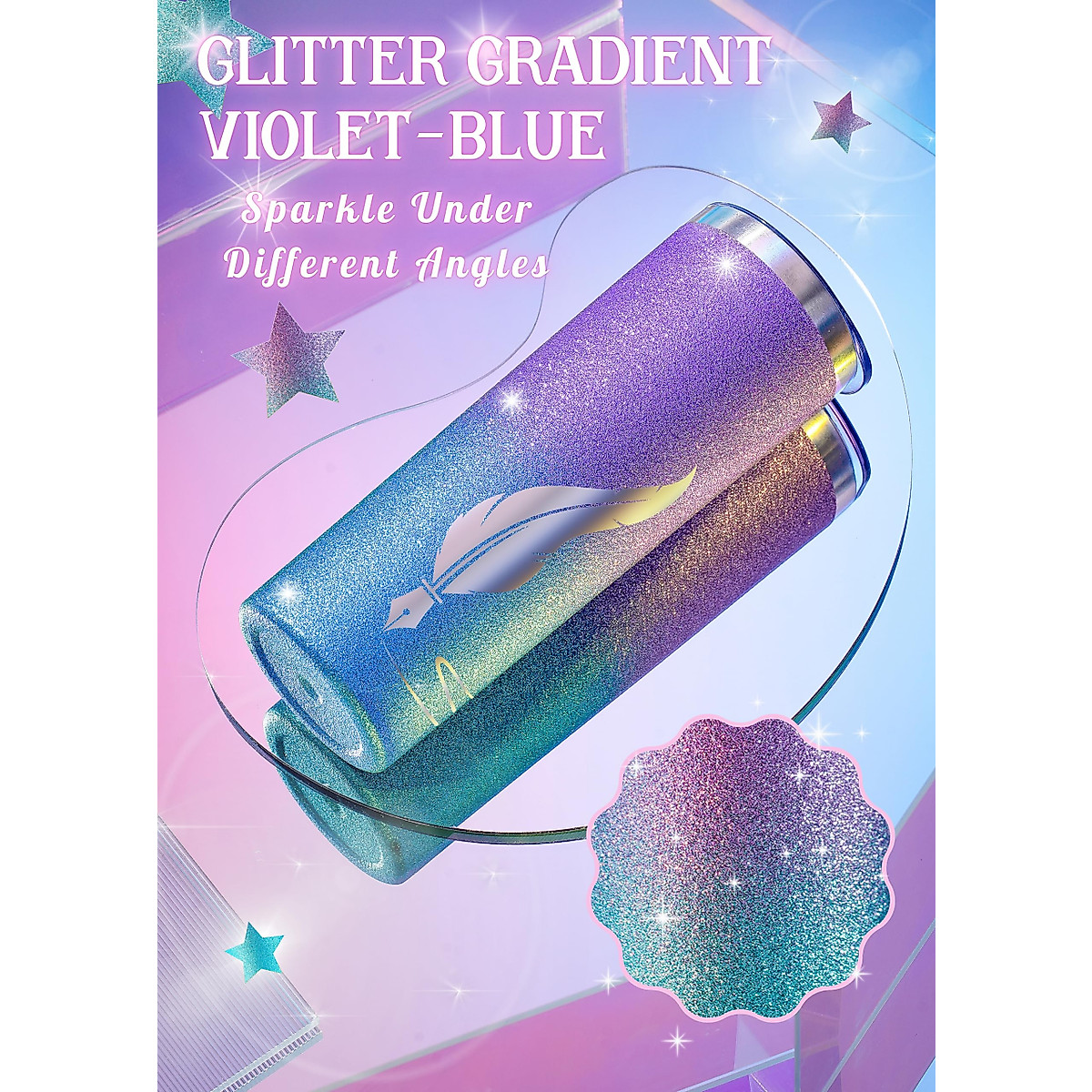 Onebttl Writer Gifts for Women - 20oz/590ml Skinny Glitter Stainless Steel Insulated Tumbler with Straw - Graduation/Birthday/Christmas Gift for Writers, Novelist, Scriptwriter- Feather Pen