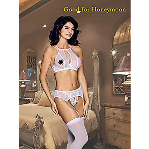 XSPICE White Garter Lingerie For Women,Lingerie Set Garter Belts And Stocking Sets 4PCS