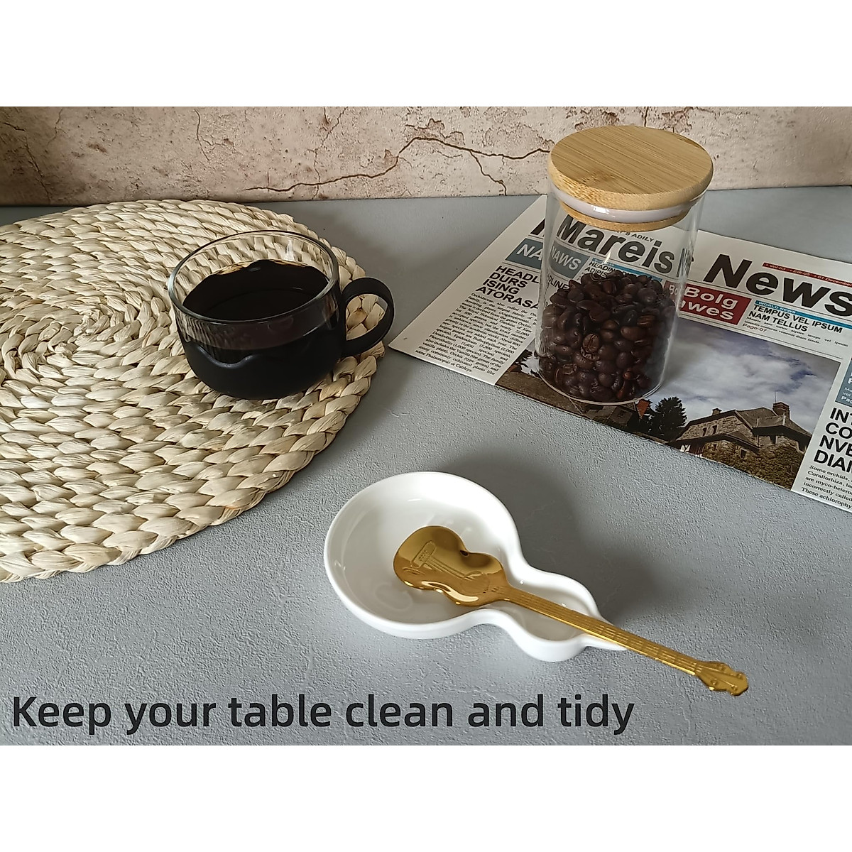 Coffee Spoon and Rest for Coffee Bar, Guitar Bag Small Spoon Rest for Coffee Station, Tea Spoon Rest Teaspoon Rest including Golden Guitar Spoon