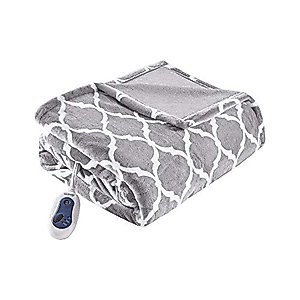 Beautyrest Ogee Printed Plush Electric Blanket for Cold Weather, Fast Heating, Auto Shut Off, Virtually Zero EMF, Multi Heat Setting, UL Certified, Machine Washable, Grey Oversized Throw 60x70