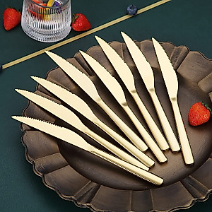 HOMQUEN Gold Steak Knives, 8 Piece Premium Stainless Steel Steak Knife Set, Meat Knife Sets, German Steak Knives Serrated, Tomato Knife, For Home, Kitchen or Restaurant, Dishwasher Safe (9.2 Inch)