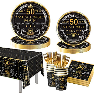 50th Birthday Decorations,Vintage 1973 Birthday Party Tableware,141 Pcs Black and Gold Party Supplies, Include Tablecloth Plates Napkins Cups for Birthday Party,Serve for 20 Guests (50th)