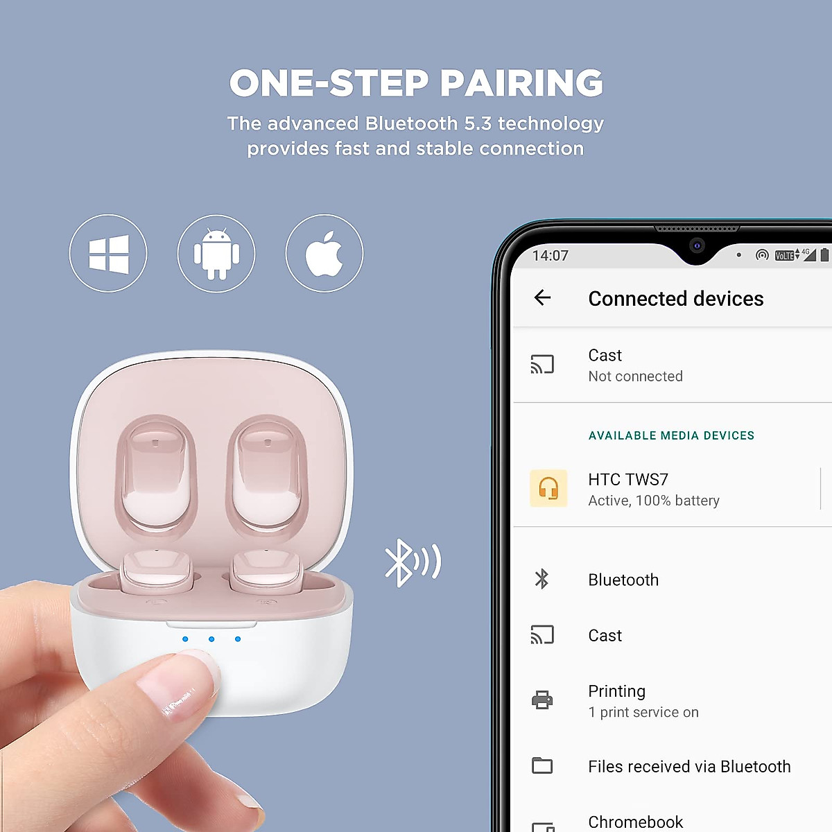 HTC True Wireless Earbuds 7 Bluetooth 5.3, Stereo Earphones 10mm Driver with Deep Bass, 40ms Ultra Low Latency for Gaming, Running - 22H Playtime/Touch Control/Game Modes/Built-in Mic - Pink