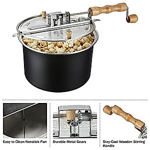 Stovetop Popcorn Maker – 6.5-Quart Popper Pan with Wooden Crank Handle and Internal Kernel Stirrer by Great Northern Popcorn (Black)