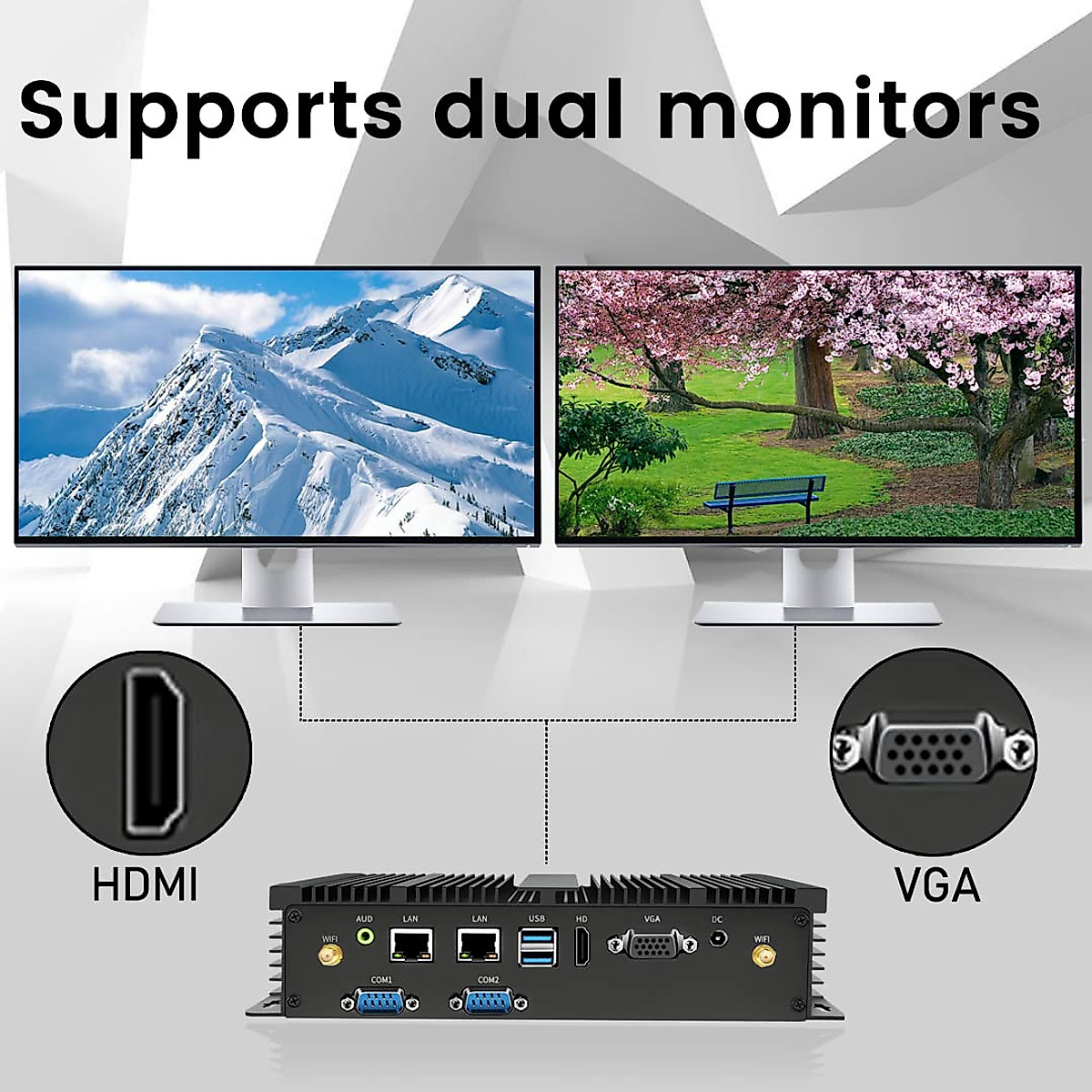Kinupute Fanless Mini PC, Industrial Desktop Computer Core i3-5005U 2.0GHz, Windows 10 Pro, 8GB RAM, 128GB SSD, 2xNICs, 2xCOM RS232, 4xUSB 3.0, HDMI/VGA Ports, Support Auto Power On
