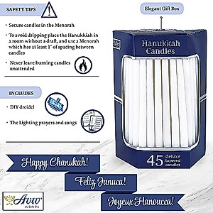 Dripless Hanukkah Candle Set of 45 Premium Solid White Thin Tapered Candles for Standard Chanukah Menorah, Birthday Party, Celebration Candles Enough for 8 Nights of Hanukah by Aviv Judaica