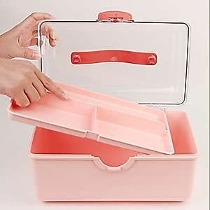 OSteed Craft Storage Organizer, Plastic Sewing Box Portable with Handle, Knob & Grid Tray for Art & Sewing Supply, Cosmetic and Medicine, Pink