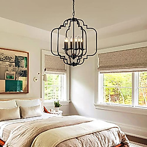 Saint Mossi Black Farmhouse Chandelier with 6 Lights,Lantern Metal Pendant Lighting for Dining Room,Living Room,Kitchen,Foyer,W23 x H26 with Adjustable Chain