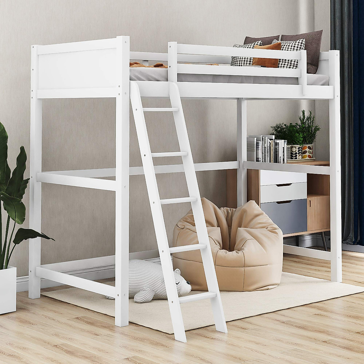 Harper & Bright Designs Loft Bed with Ladder and Safety Rail, Hight Loft Bed Twin Size, Wooden Loft Bed Frame, Twin Size Loft Bed for Decoration of Various Rooms (White)