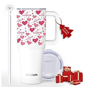 winiwo 40 oz Valentines Tumbler with Handle and Straw, Heart tumbler Gifts for Mom/Women/Wife/Her/Love, Insulated White Tumbler, Fits Cupholders, Available Gift Wrapping