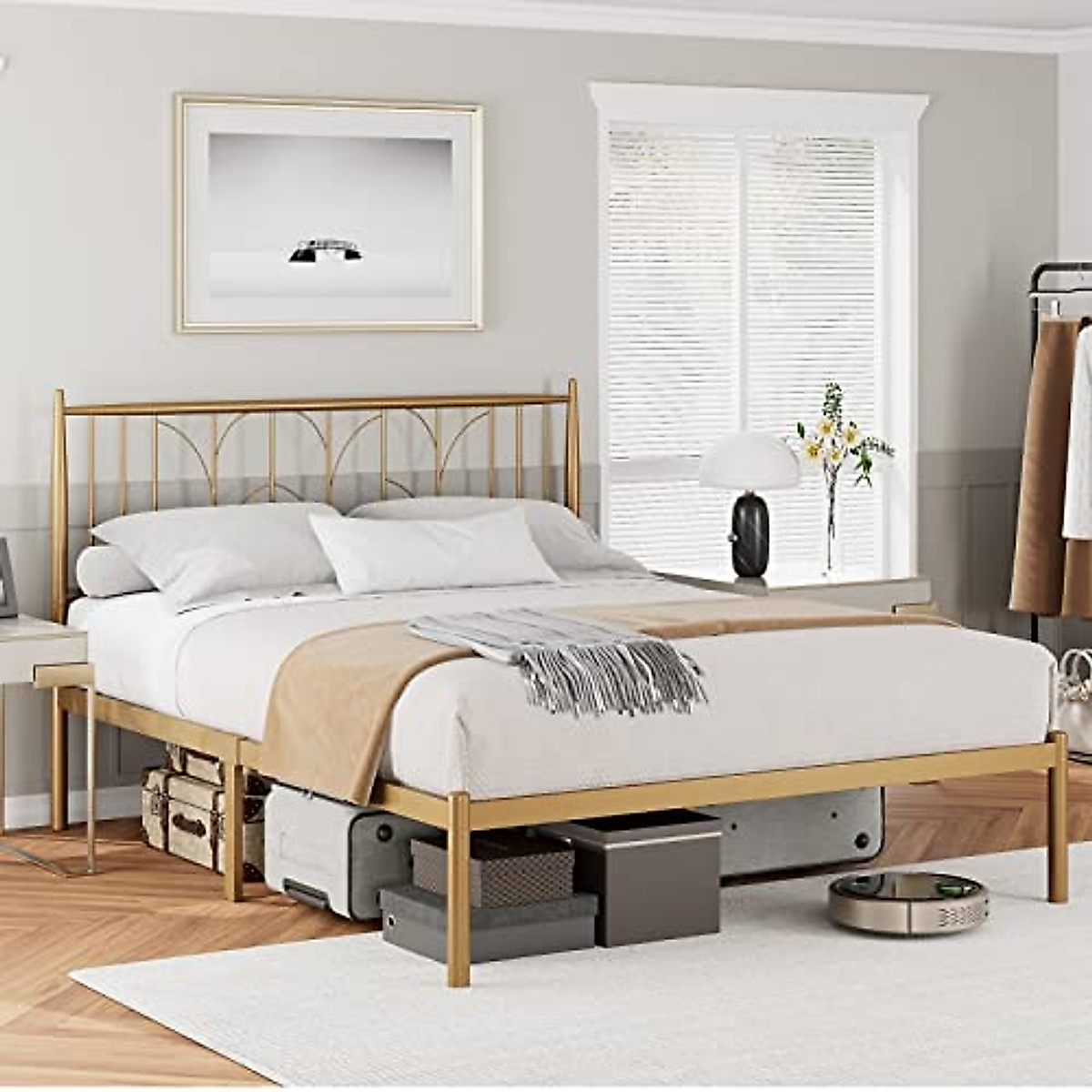 Senfot Bed Frame, Gold Metal Queen Size Platform Bed Frame with Headboard, Heavy Duty Metal Slat Support, Mattress Foundation, Noise Free Design, Easy Installation, Gold