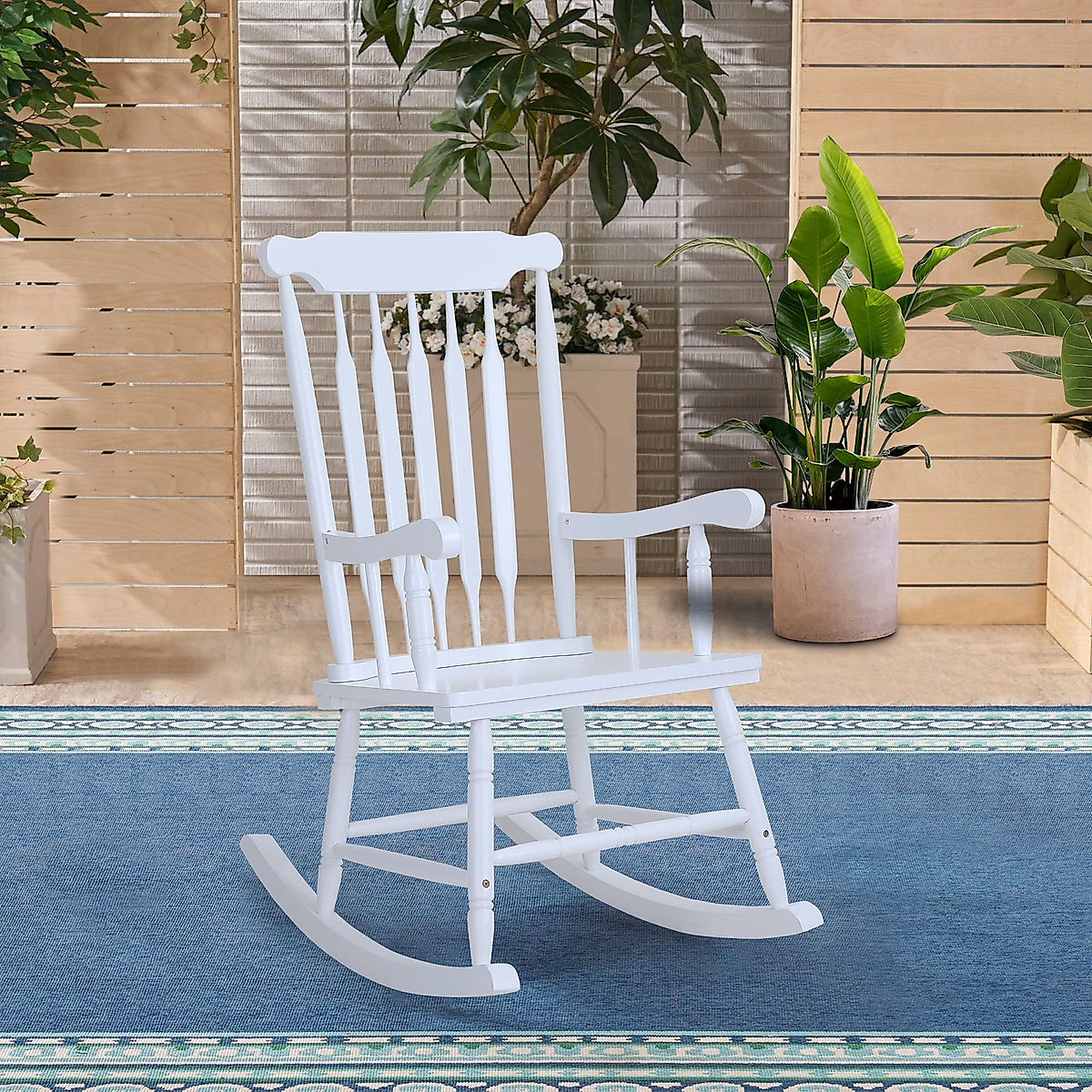 PHI VILLA Outdoor Wood Rocking Chair, Oversized Acacia Wood Slat Back Rocker Chairs for Patio, Deck, Balcony, Porch and Indoor, 30° Safe Recline Support 350 lbs - White