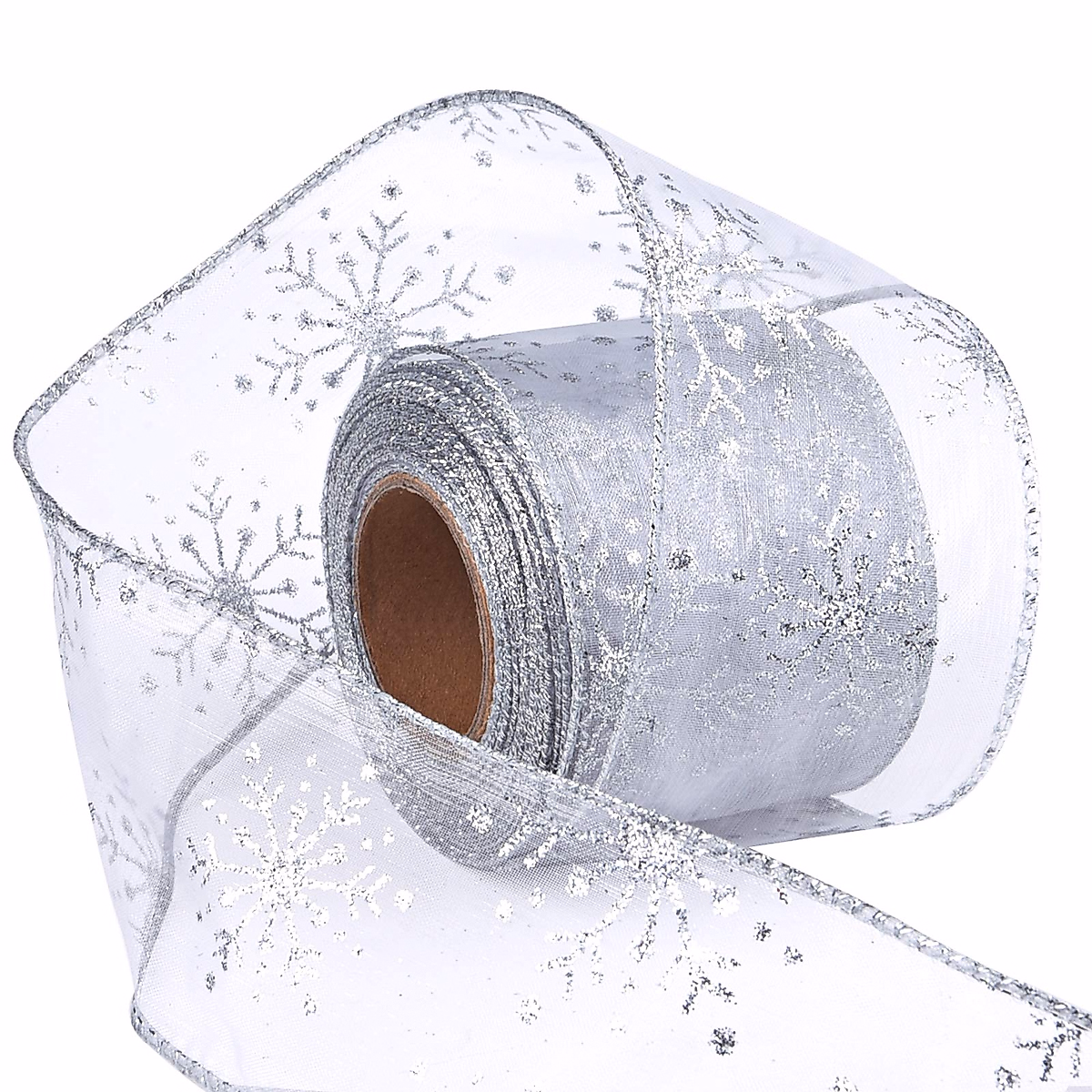 Livder 2.5 Inch Wide Christmas Wired Ribbon Snowflake Organza Sheer Glitter Ribbon for Xmas Tree, Wreath, Party Decoration, Gift Wrapping (Silver-White, 10.9 Yards)