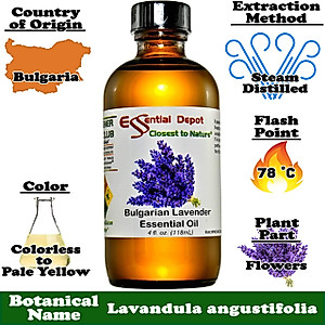Bulgarian Lavender Essential Oil - 4 oz - GC/MS Tested - Skin Safe - Supplied in 4 oz. Amber Glass Bottle with Black Phenolic Cone Lined and Safety Sealed Cap