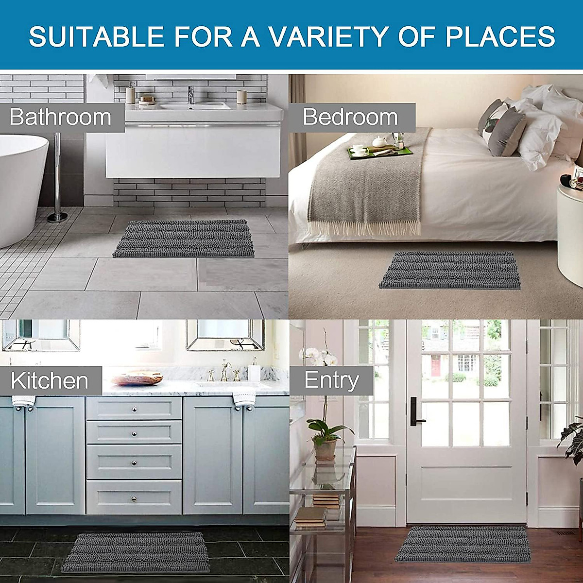 2 Piece Bathroom Set Bathroom Rugs Bath Mat Set Bath Rugs Bath Mats for Bathroom Non Slip Thick Soft Chenille Striped Bath Rug Set, Door Mats for Kitchen/Living Room (Grey, 20" x 32"/17" x 24")