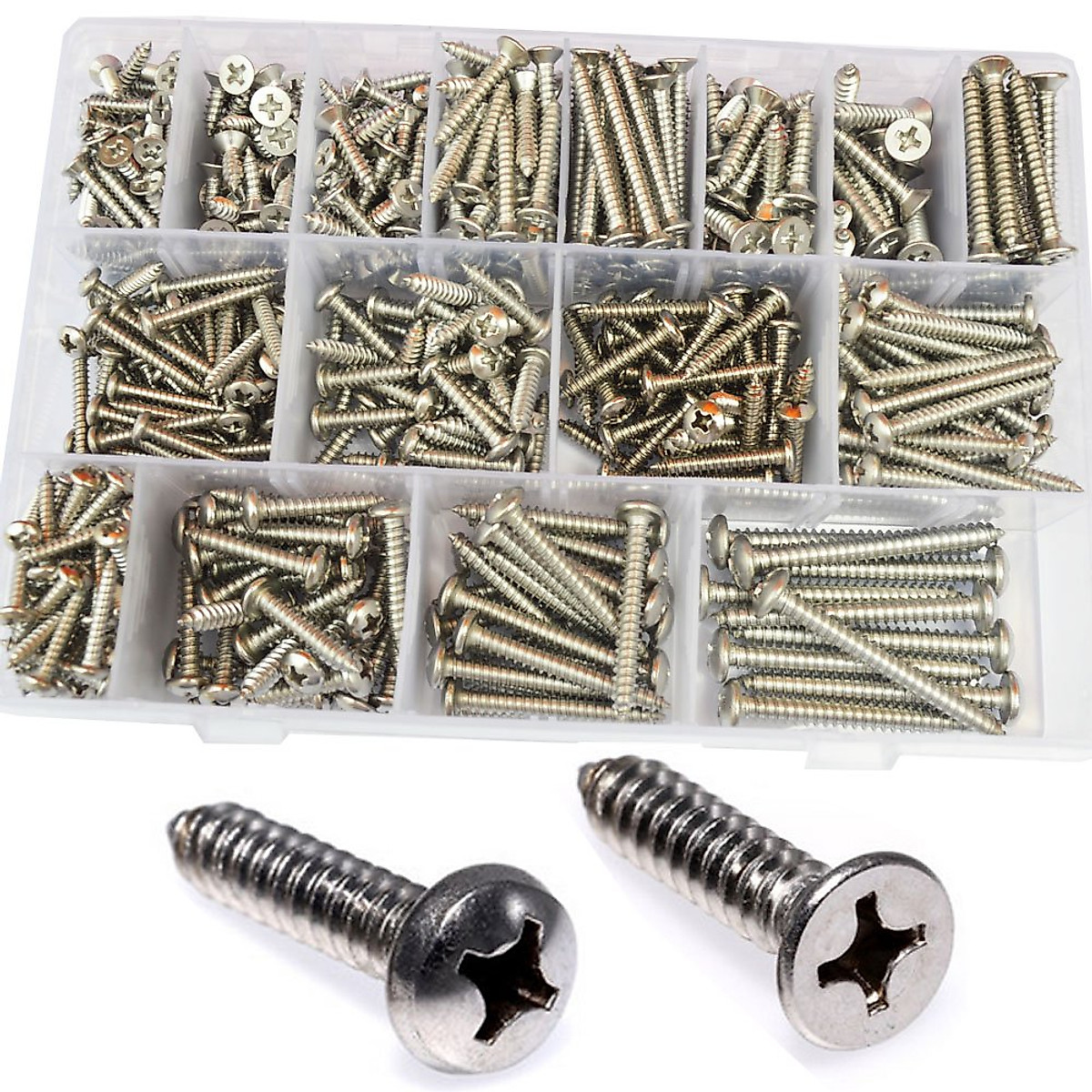 560Pcs Self Tapping Screws Assortment Set, 6#8#10#12# 304 Stainless Steel Sheet Metal Screws Kit, Phillips Drive Wood Screw Assortment (275pcs Round Head and 285pcs Flat Head)