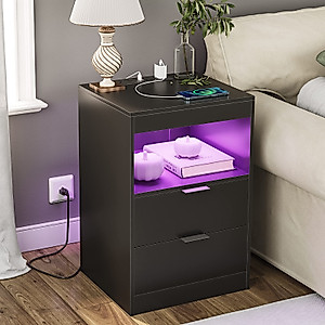 Tiptiper Black Nightstand with Wireless Charging Station and LED Lights, Bedside Table with 2 Drawers, Open Storage, 1 Pull-Out Tray, End Side Table with Charging Station, LED Night Stand with Storage